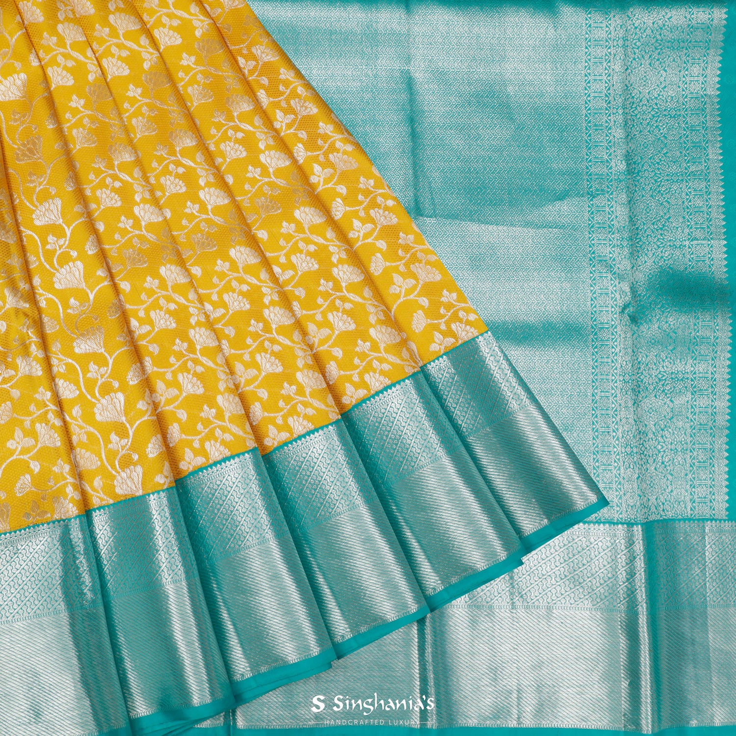 Sunglow Yellow Kanchi Saree With Floral Jaal Pattern | Singhania's