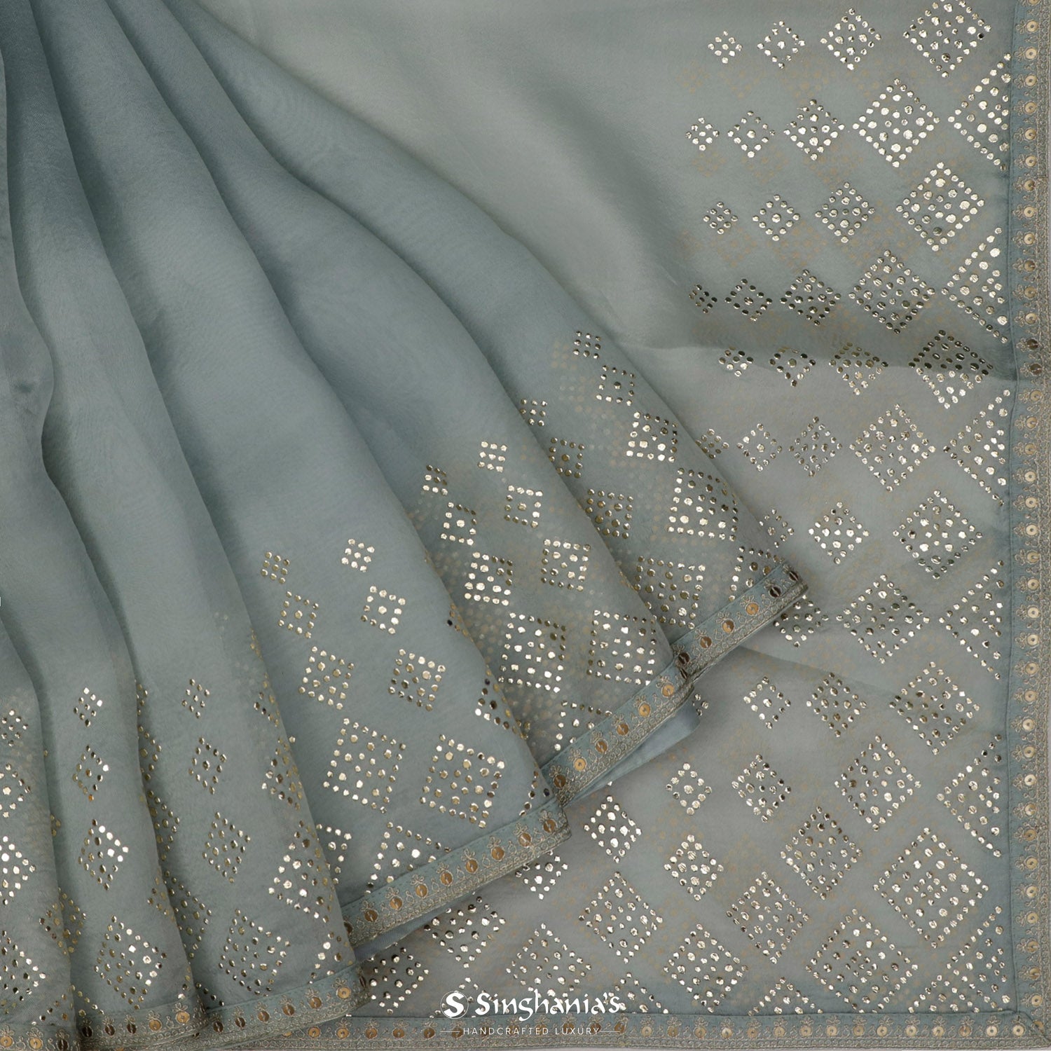 Cadet Gray Organza Saree With Mukaish Work In Abstract Pattern ...