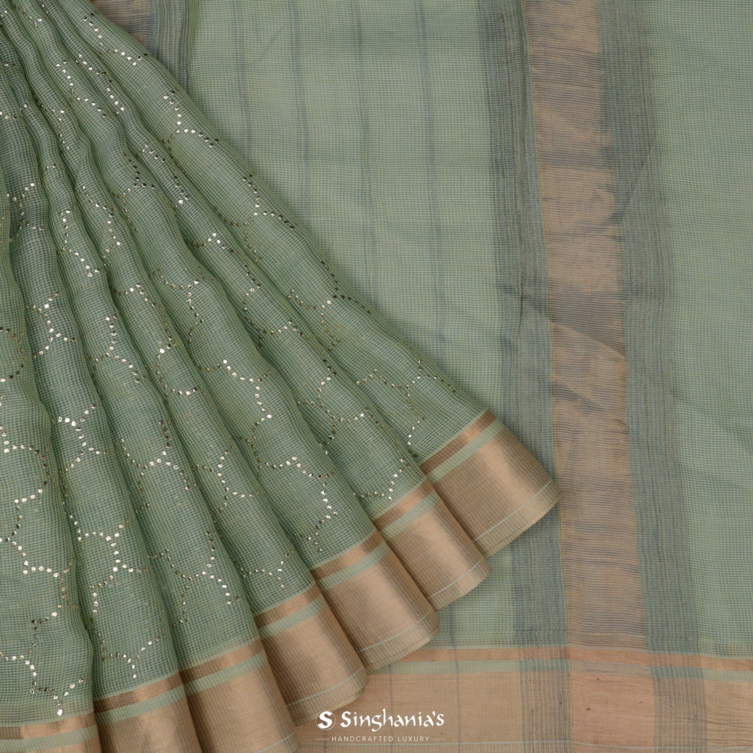 Swamp Green Kota Silk Saree With Mukaish Work In Grid Pattern | Singhania's