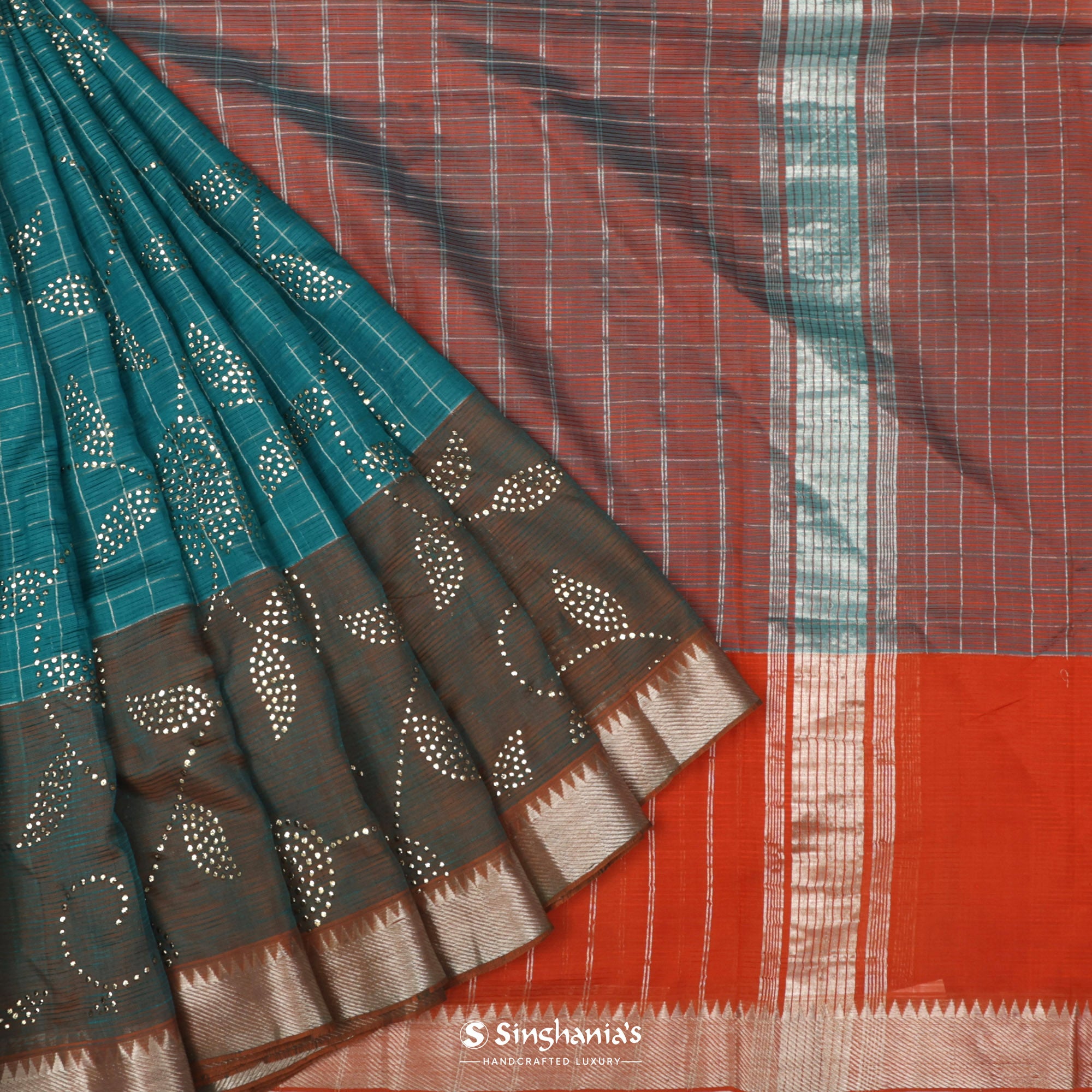 Turkish Blue Silk Saree With Mukaish Work On Checks Pattern | Singhania's