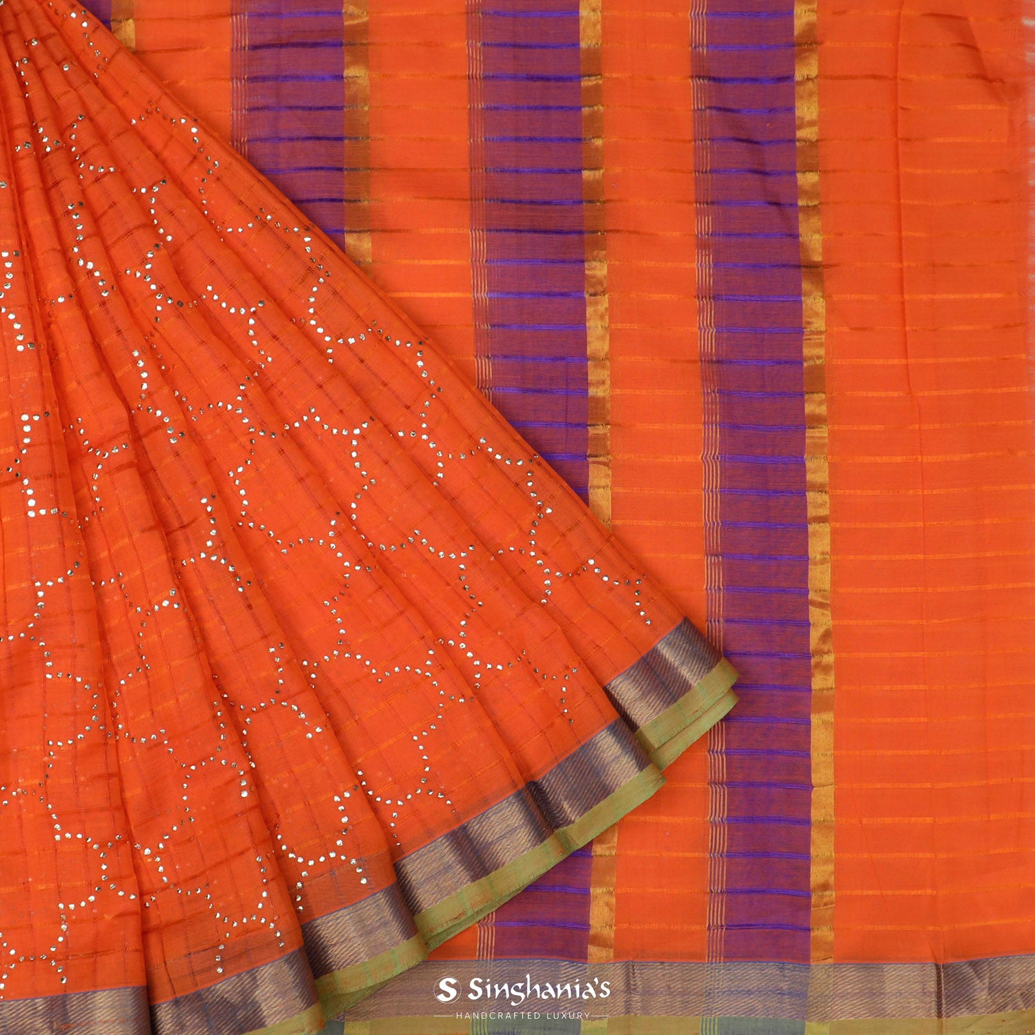 Pantone Orange Silk Saree With Mukaish Work In Grid Pattern | Singhania's