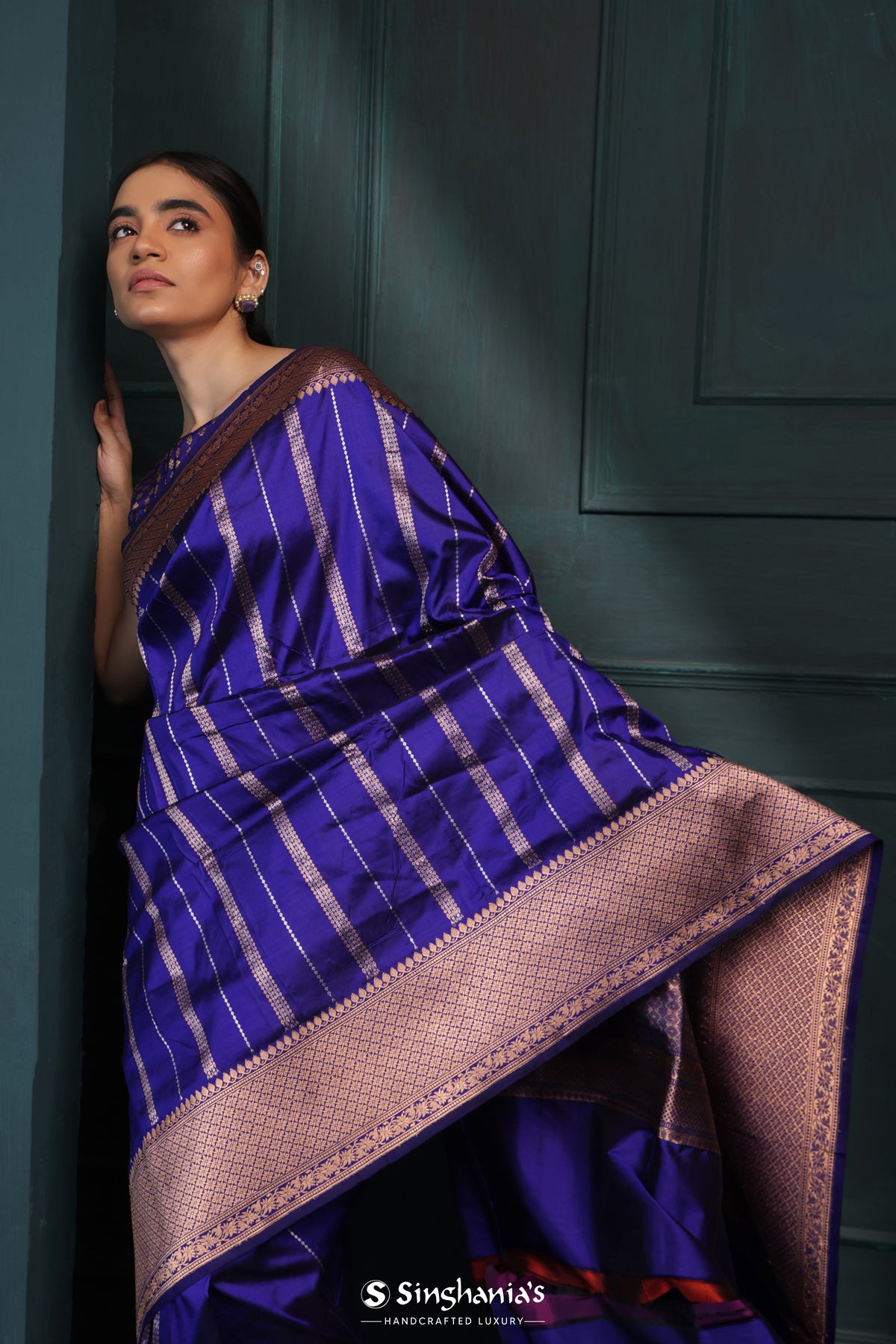 Pantone Blue Banarasi Silk Saree With Stripes Design | Singhania's
