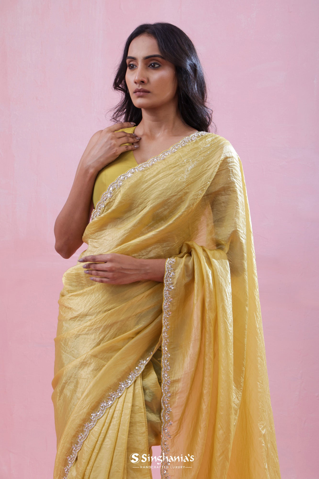 Hunyadi Yellow Crushed Tissue Organza Saree With Hand Embroidery ...